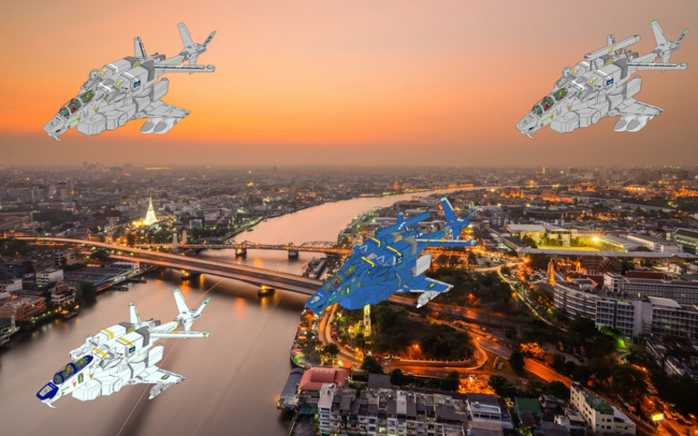 TINAMI - [イラスト]バンコクの夕陽を4機編隊で飛ぶ VFH-10Eオーロラン